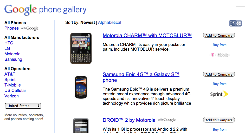 Google Phone Gallery Compares Android Phones